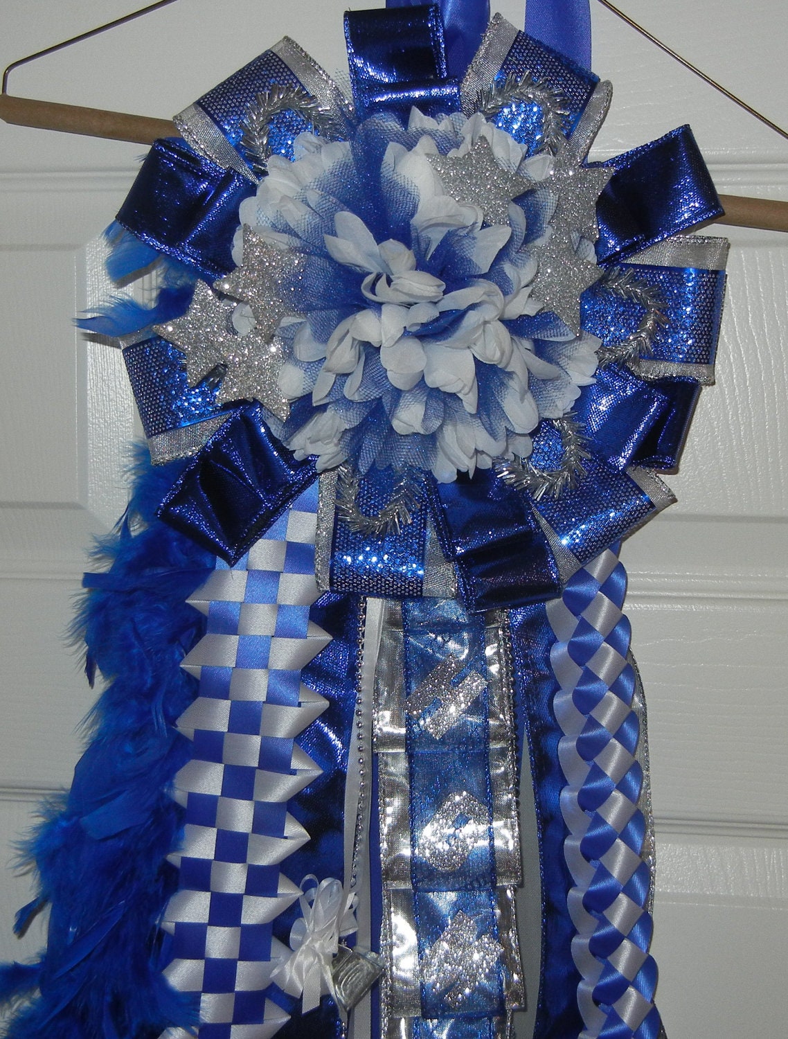 Single Homecoming Mum Royal Blue White and Silver Ready