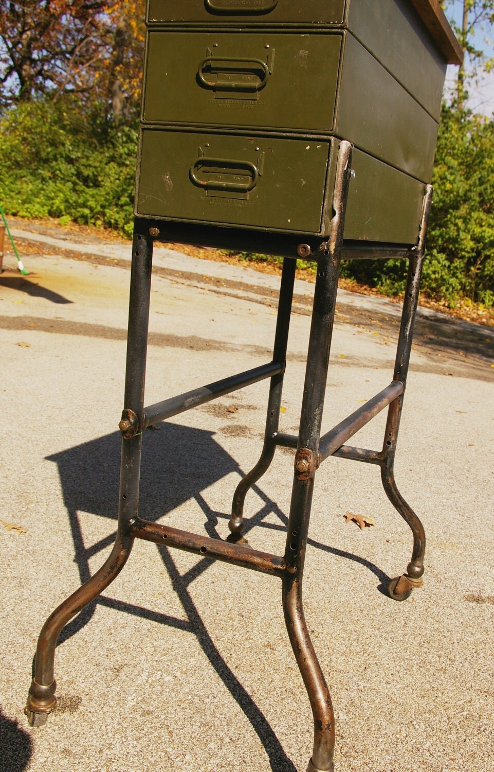 Tall Skinny Rolling Metal END TABLE with DRAWERS Industrial