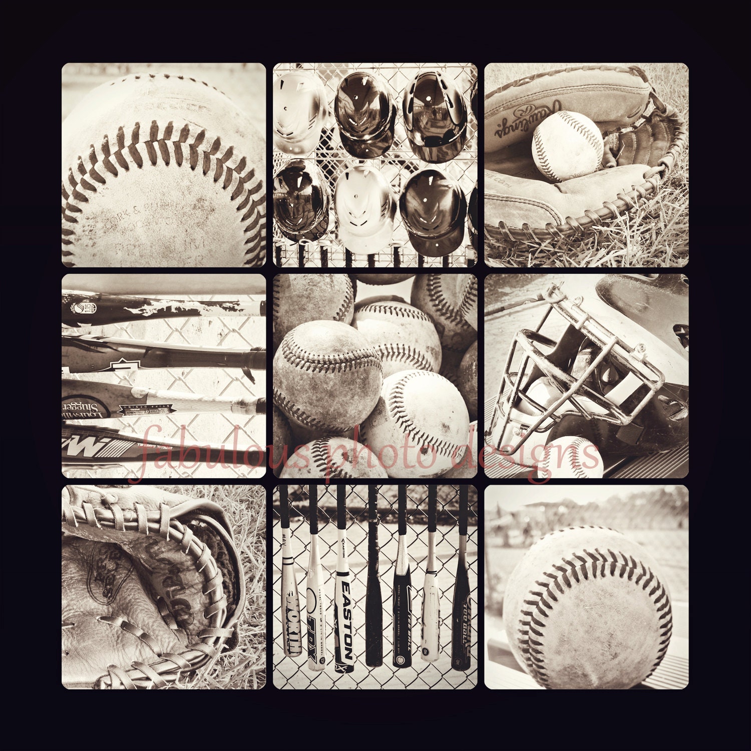 Collage of 9 Vintage Baseball Photos / Portrait Boys Room