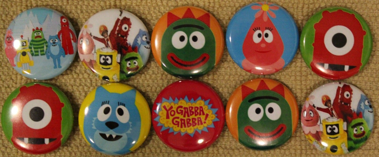 10 piece set of 1 inch flat back / pin back buttons. Yo Gabba Gabba ...