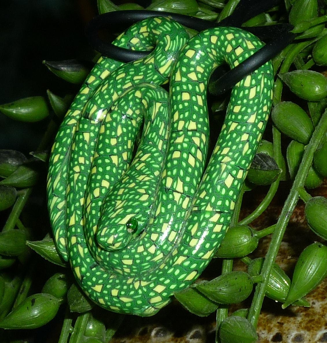 Green Tree Python Snake Pendant Striking Green and Yellow