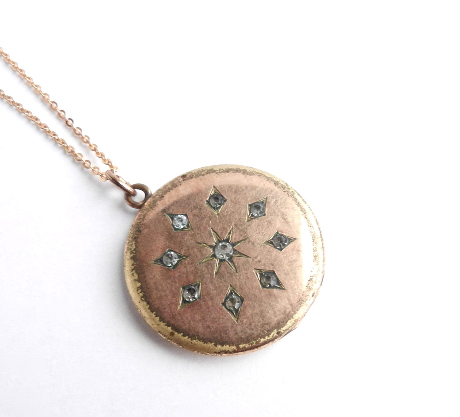 Antique Victorian Locket Necklace Gold Tone Rhinestone