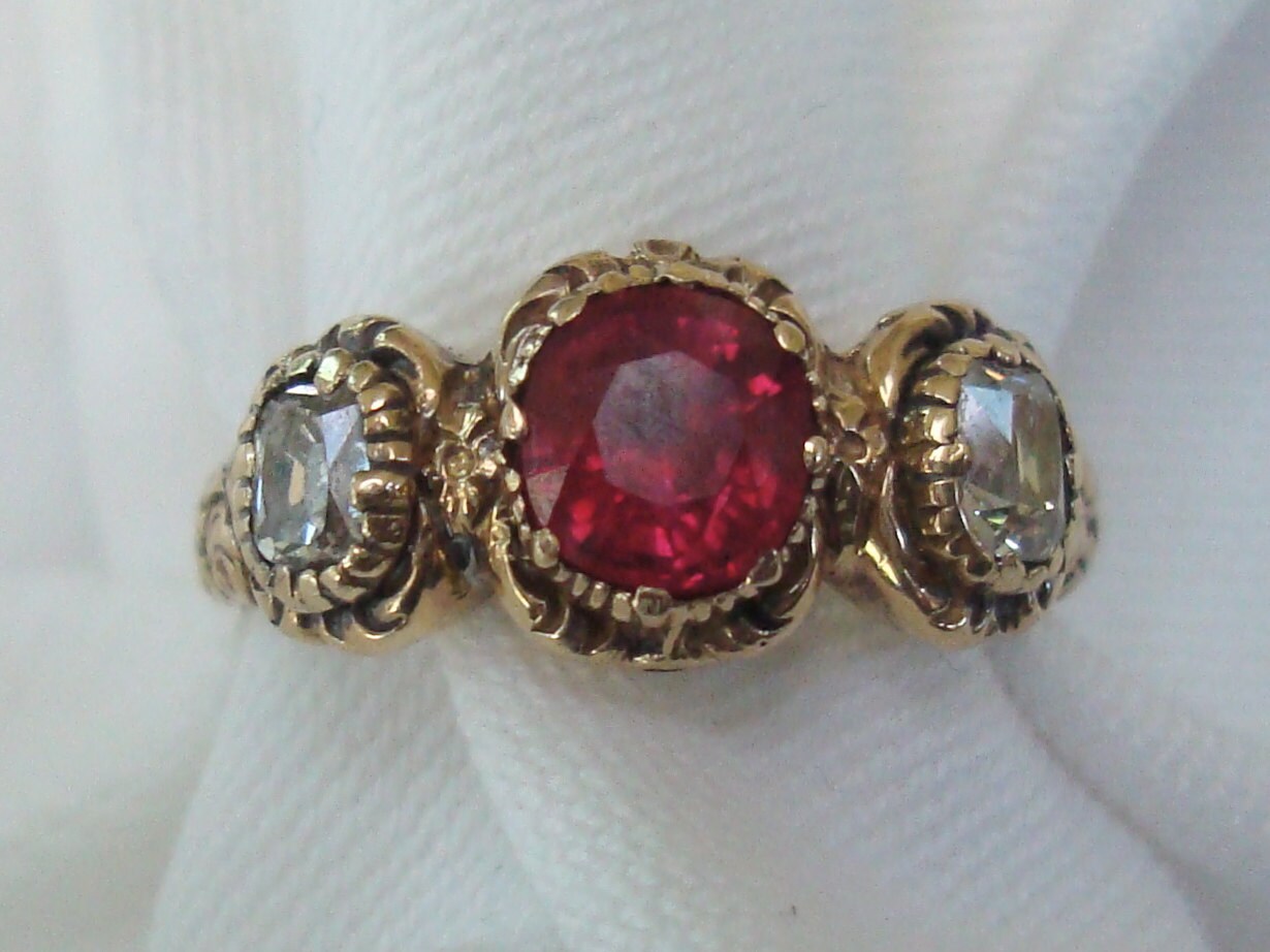 RESERVED Antique Georgian Ring Gold Diamonds and Ruby