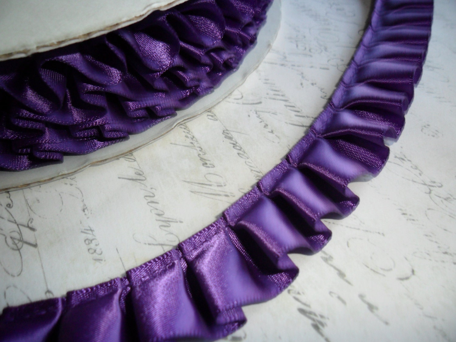 7/8 Deep Violet Pleated Satin Ribbon Ruffle Trim