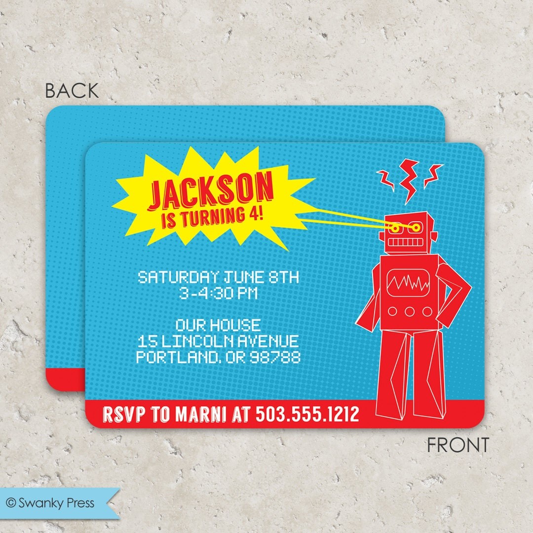 Robot Birthday Invitations retro robot toy design by SwankyPress