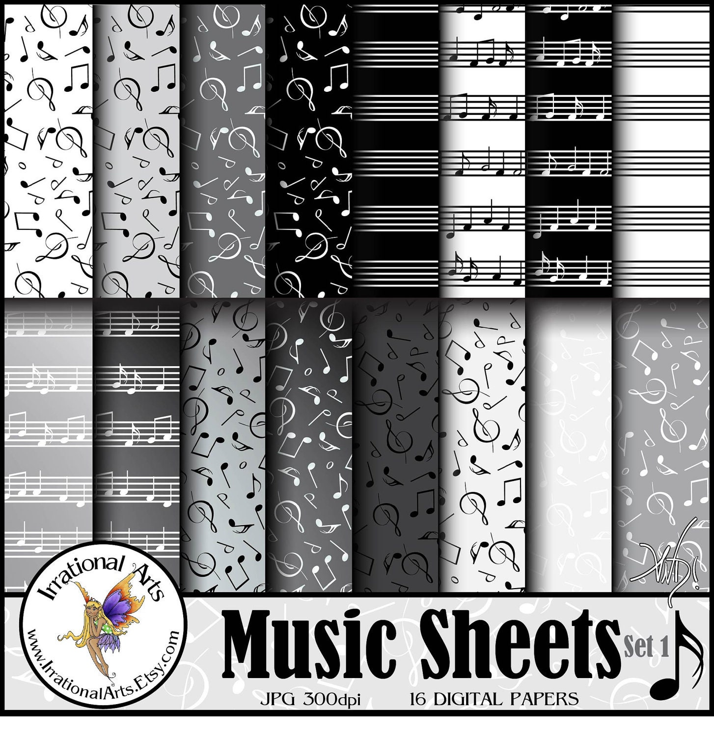 Music Sheets set 1 with 16 digital scrapbooking papers with