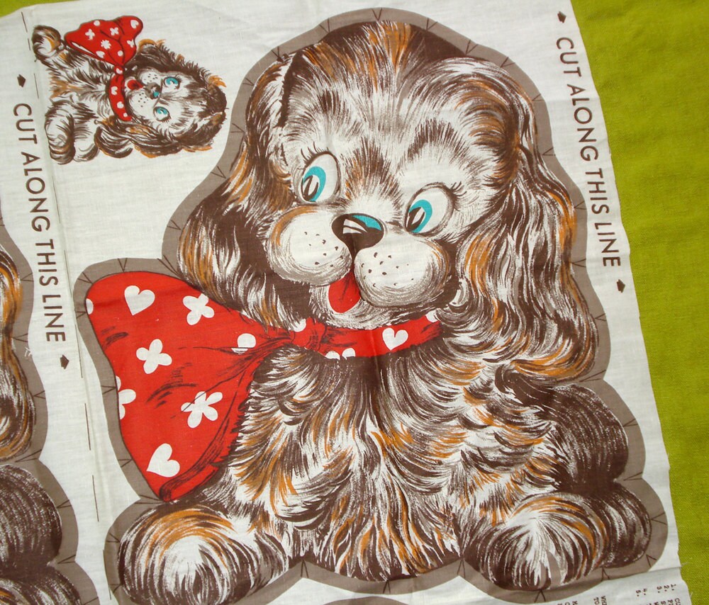 Vintage Fabric Cutouts PUPPY DOG Printed Fabric Stuffed