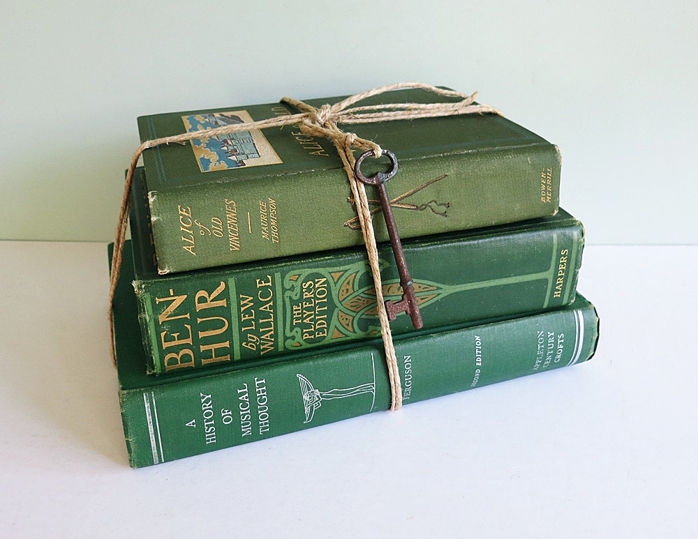 Trio of Olive Green Vintage Books Tied with Hemp Twine by Tparty