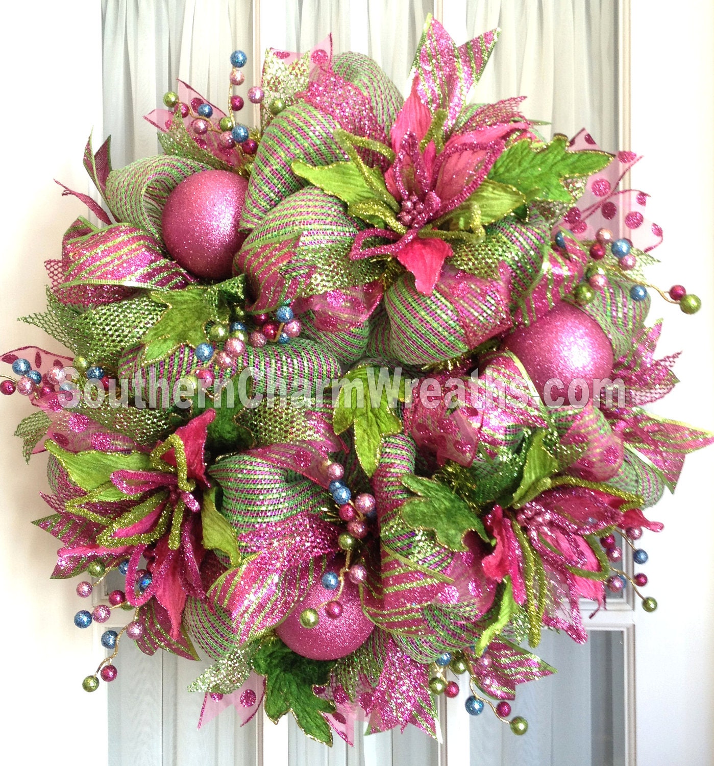 Deco Mesh Christmas Wreath Hot Pink Lime Green For Door Or