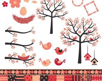 Digital Clip Art Pack Birds Trees Birdhouse Nest by viveradesign