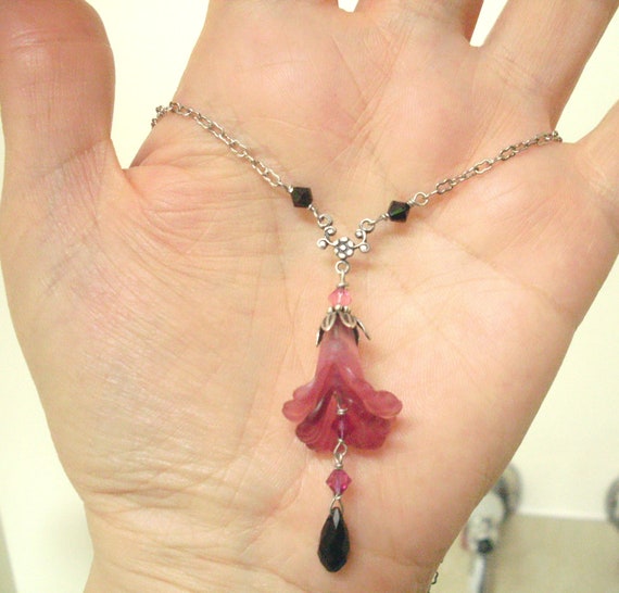 Pink Lucite Flower Necklace Pink Burgundy Layered Flower