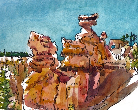 Items similar to Bryce Canyon National Park, watercolor sketch art ...