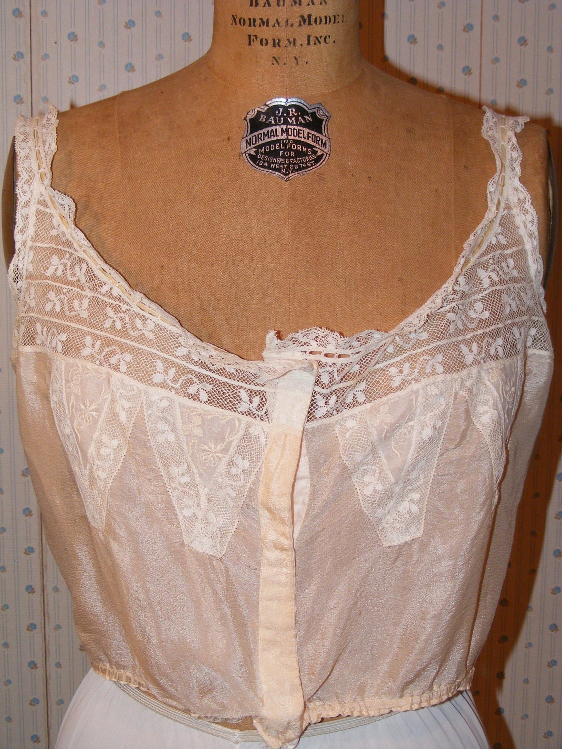 Edwardian Chemise Lingerie Peach Silk Lace Trim Detailed