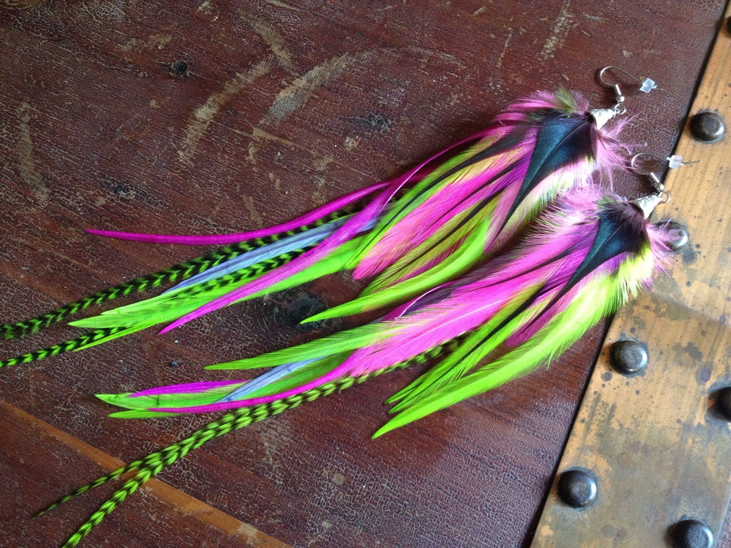Bright Neon Feather Earrings Hot Pink Florescent Lime Green