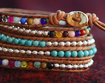 Items similar to Navajo Mix - Chan Luu inspired 5 X leather multi wrap bracelet with turquoise ...