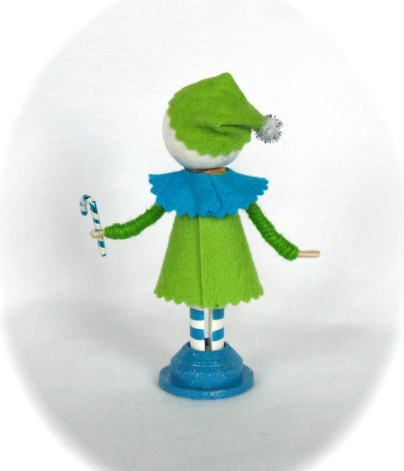 Clothespin Doll Christmas Elf Aqua And Lime Green Ofg Team