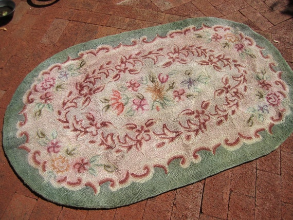 Vintage Wool Floral Handmade Hooked Green Rug Oval Shabby