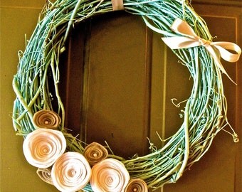 Personalized Colored Twig Wreath with Rosette Felt or Fabric Flowers