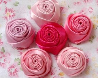 6 Handmade Ribbon Rolled Roses 1-1/4 inches In Lt by Mydesign63