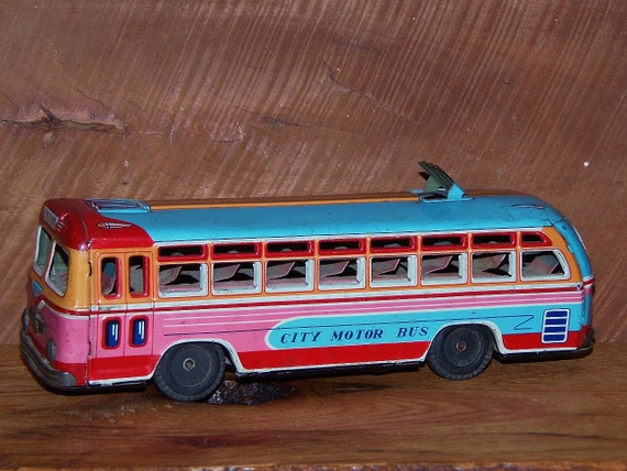 Vintage City Bus toy 1950s Tin Bus by Thelmaandlizzys on Etsy