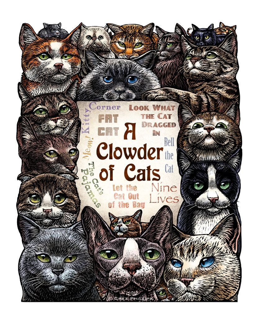 A Clowder of Cats 11 x14 cat art print
