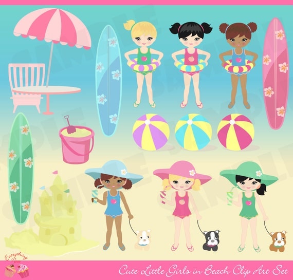 Cute Girls on the Beach Clip Art Set
