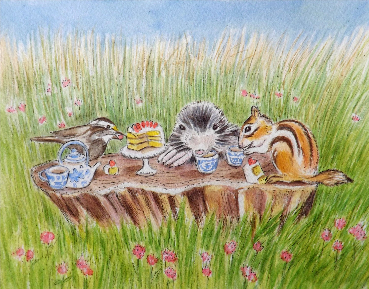 Animal Picnic Illustration Woodland Original Watercolor Art