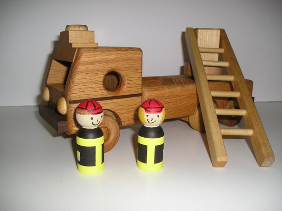 Wood fire truck with Handpainted fire fighters and a by Toyworx