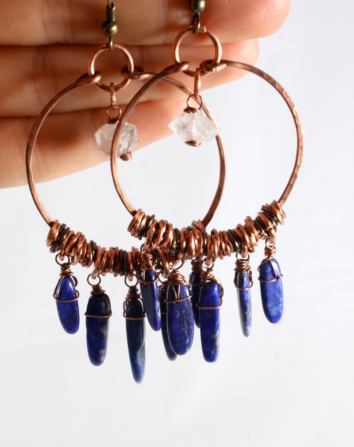 Bohemian Earrings Hammered Copper Hoops With Lapis Points