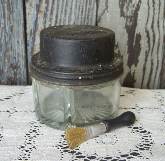 Antique Handy Paste Glass Jar with Brush School Glue Tin Lid