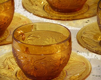 Vintage Tiara Glass 8 Piece Depression Glass Cup Saucer Topaz Amber 8 ...