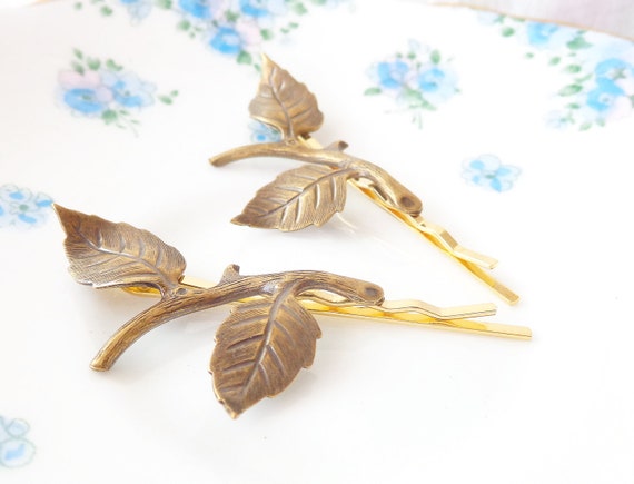 Golden Ox Brass Leaf Branch Bobby Pin Set Leaf by NestingPretty