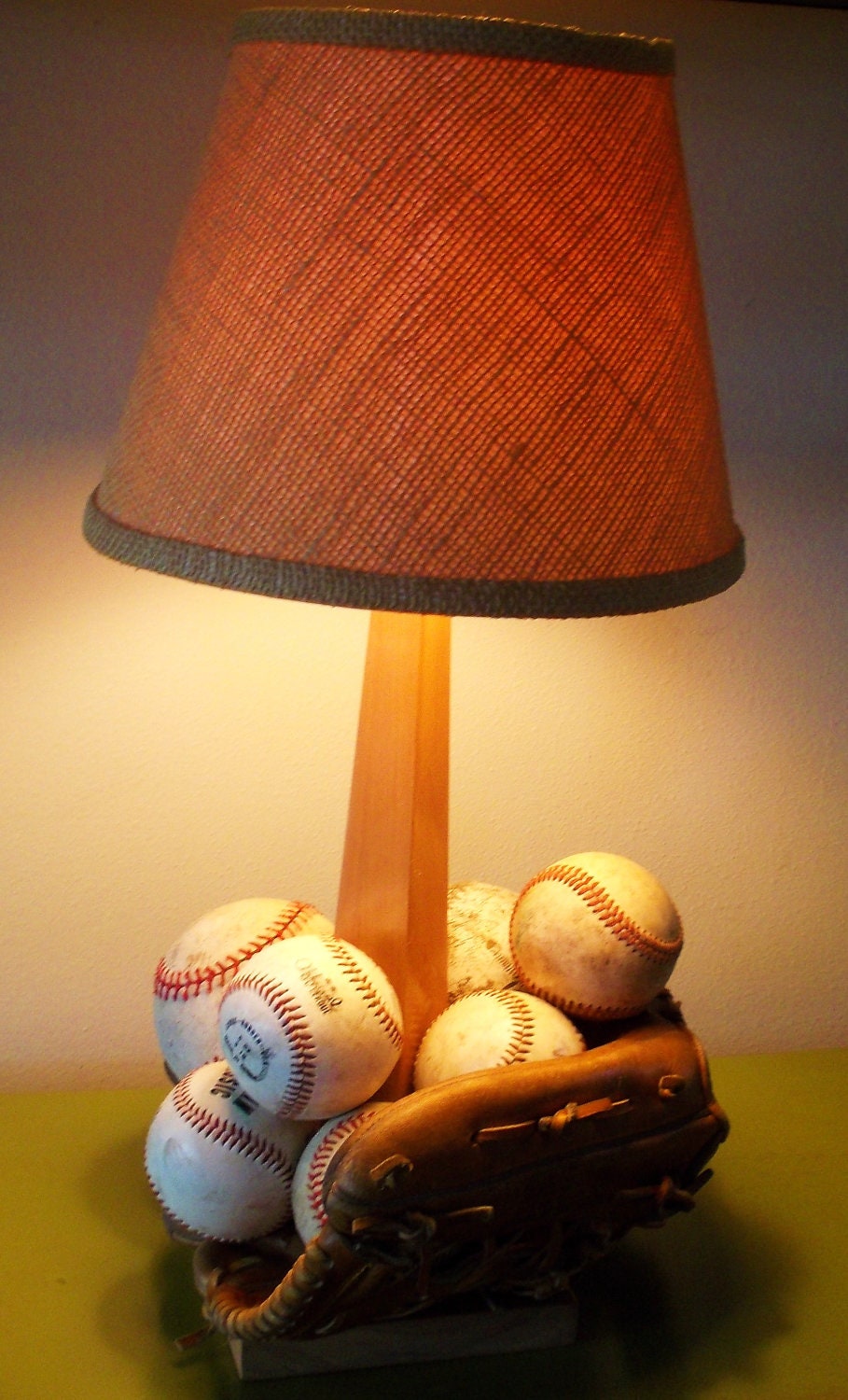 Handmade Table Lamp Sports Baseball Vintage Balls Glove Burlap
