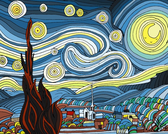 Cute Starry Night art illustration 8x10 print