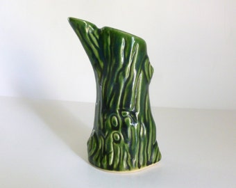 Mid Century Green Ceramic Tree Trunk Vase 6.75" tall