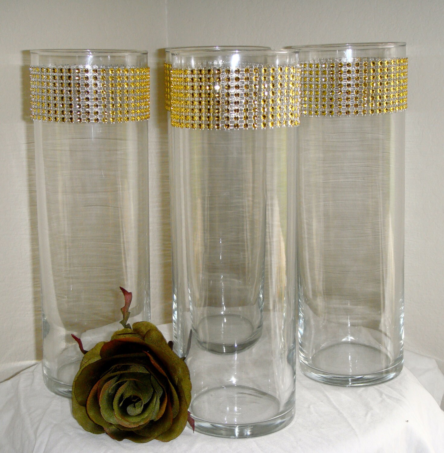 Set Of 10 Gold Rhinestone Wrap Glass Cylinder Vases Wedding