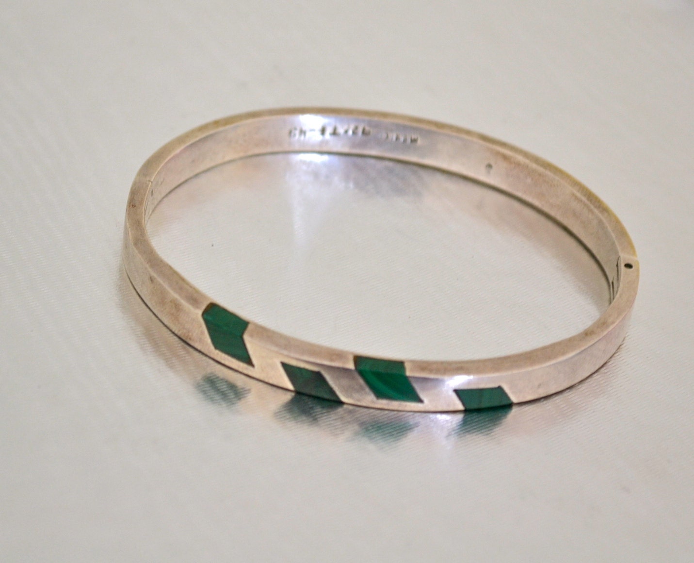 Silver Bangle Bracelet, Malachite Inlay Cuff, Hinged, Stamped Mexico ...