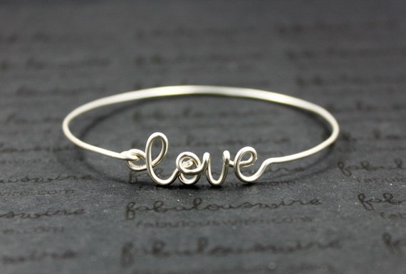 Silver Love Bangle Bracelet Wire Love Word Bangle by FabulousWire
