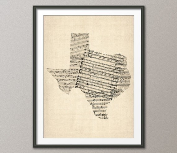 Texas Old Sheet Music Map USA Art Print 337