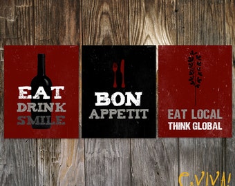 Eat Drink Smile Print Home Decor Kitchen Art Dining by evivart