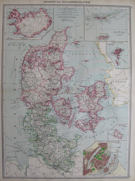 Antique Map of DENMARK Copenhagen Iceland c1910 by plaindealing