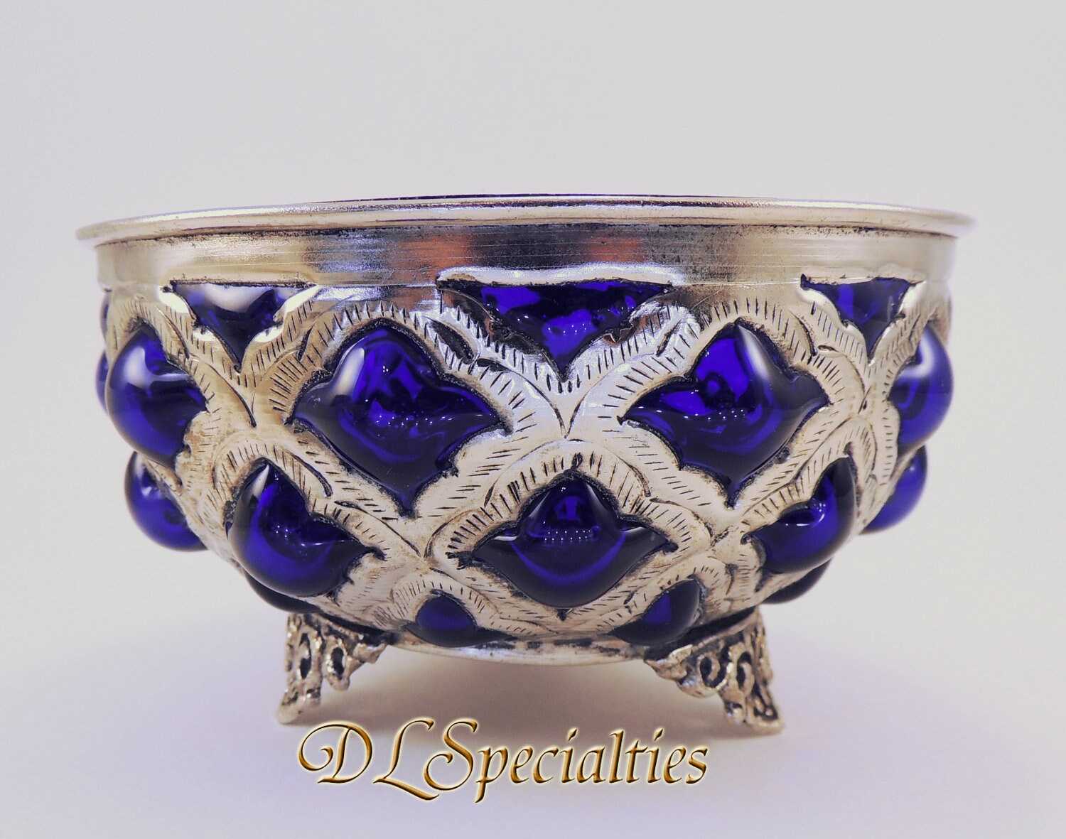 Cobalt Blue Blown Glass Forged Silver Antique Dish