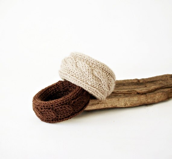 Hand Knitted Bangle Bracelets Wool set of 2 Beige Brown