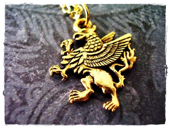 Gold Griffin Necklace Antique Gold Pewter Griffin Charm on a