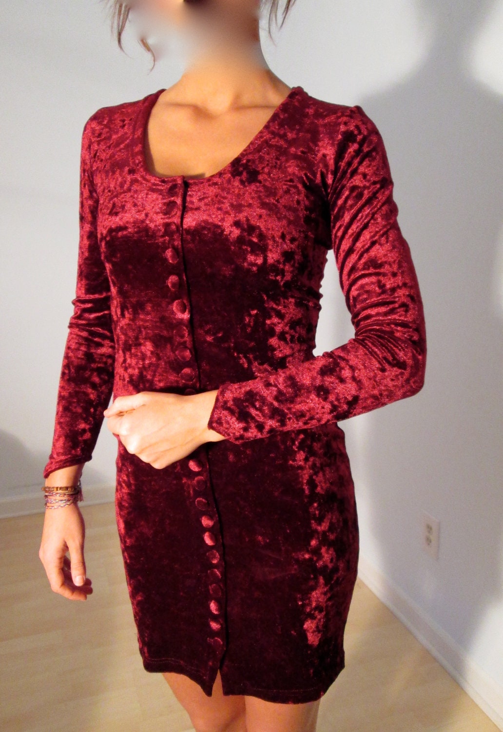 Maroon Velvet Mini Dress Long Sleeve S Grunge Club By Bohemianseed