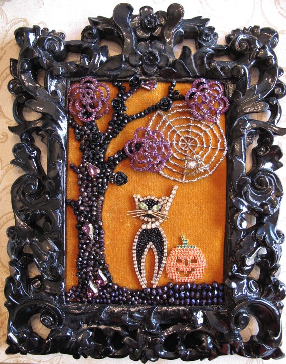 Items similar to Halloween Rhinestone Costume Jewelry repurposed Framed ...