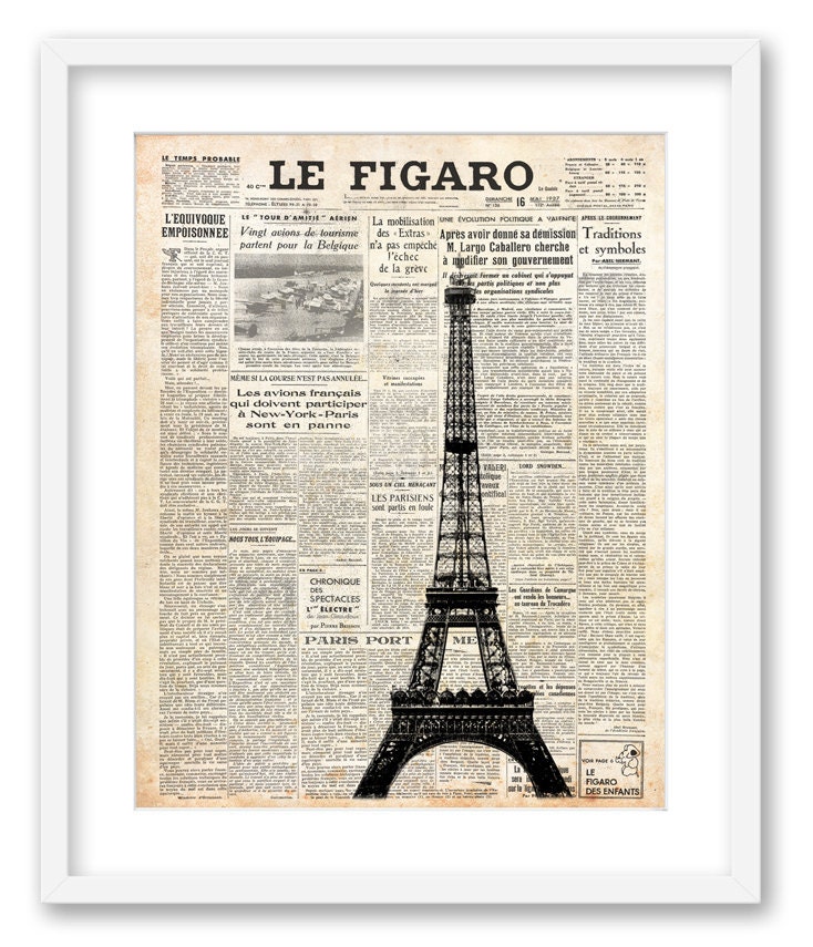 Eiffel Tower on newspaper. Paris. Wall decoration print. 8x10.