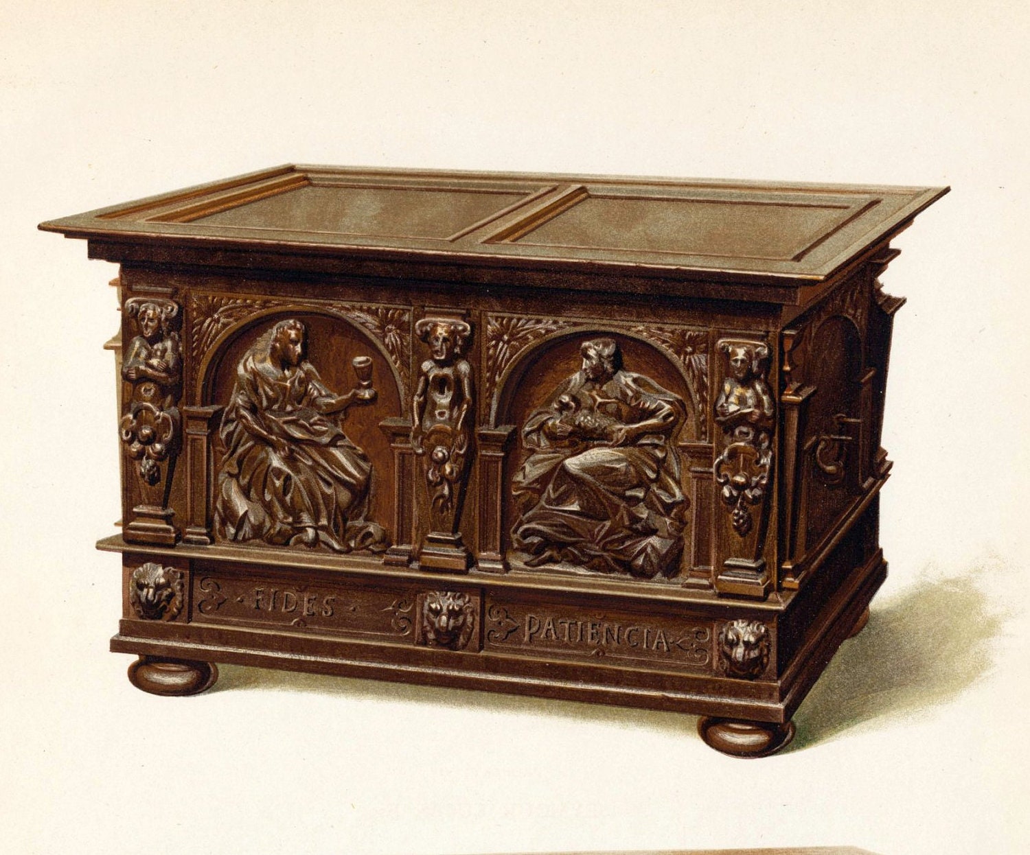 1905 Large Antique Chromolithograph of an Oak Chest and an Oak Inlaid ...