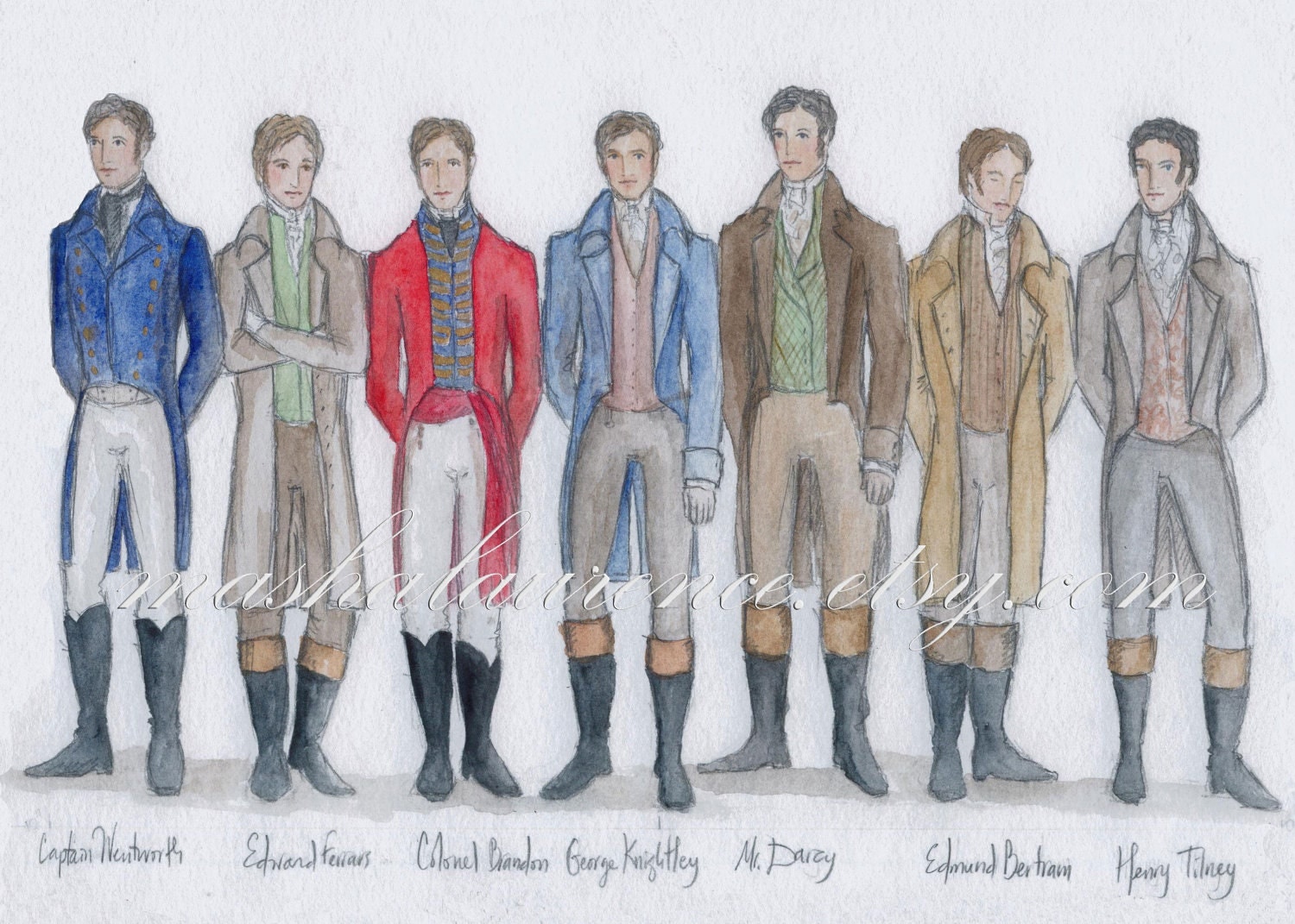 Jane Austen's heroines and her leading men. Two 5x7 art