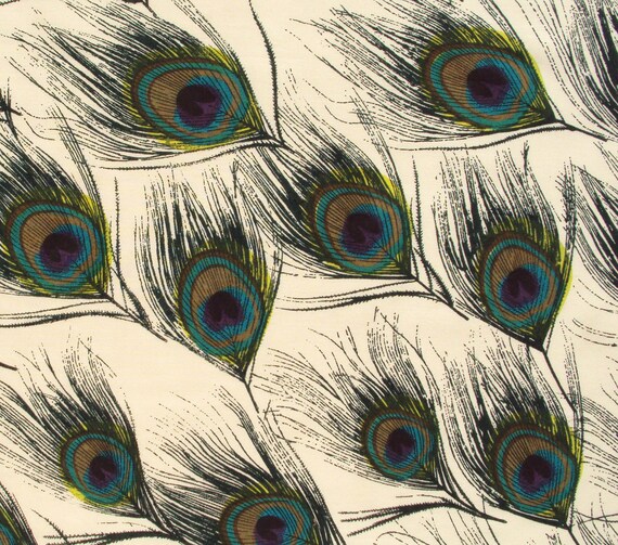 Cotton Fabric Print Peacock Feather Print On Off By Pallavik
